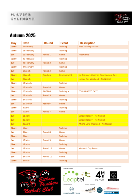 Calendar - Eltham Panthers Netball Club