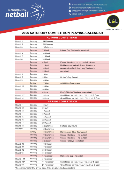 Calendar - Eltham Panthers Netball Club